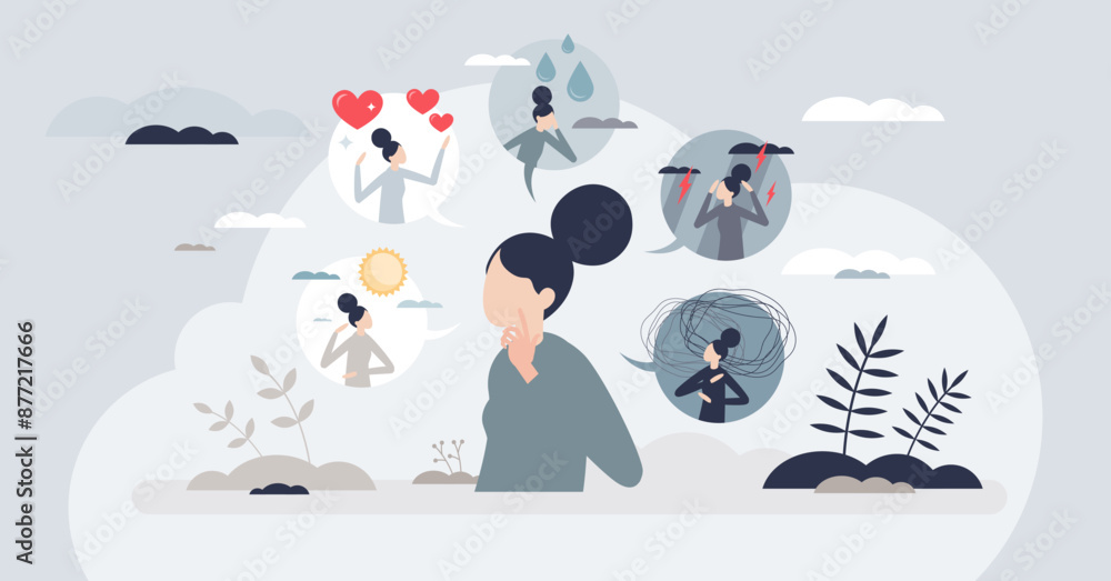 Feelings and psychological mental emotions tiny person concept. Mind ...