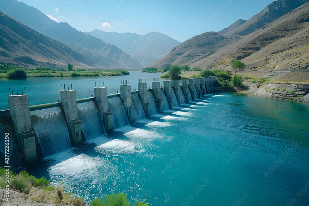 Hydroelectric power station on river. Large power plant blocks river ...