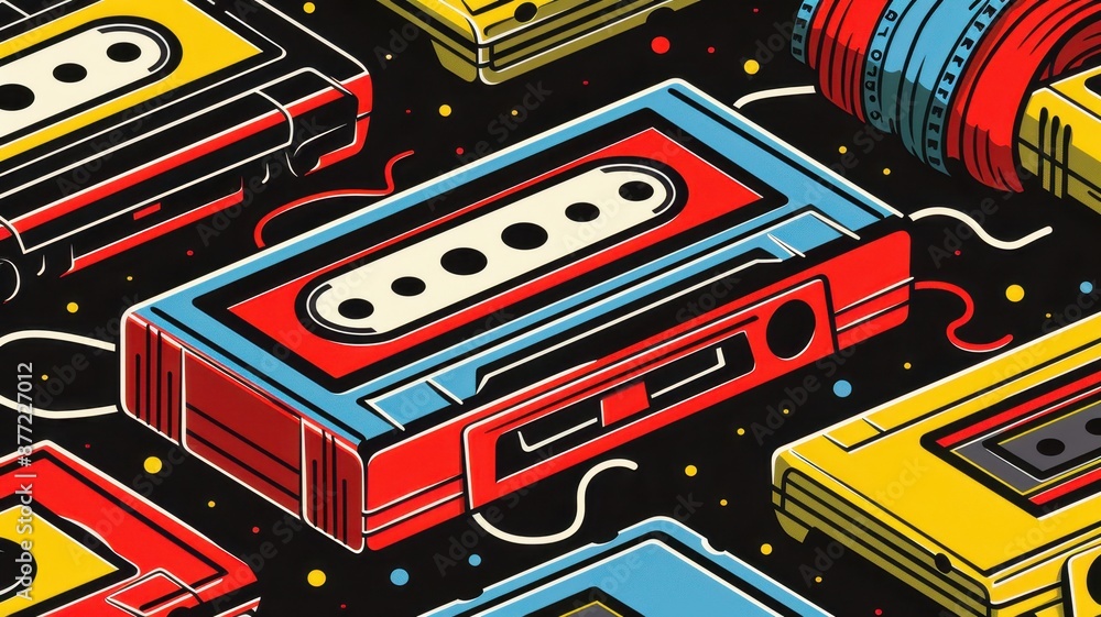 Vibrant retro cassette tape pattern illustration, featuring bold colors ...