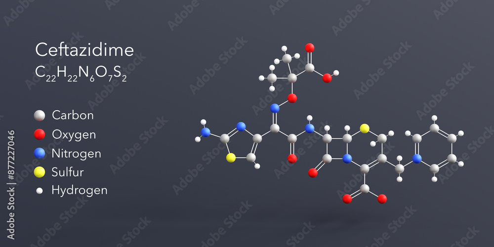 ceftazidime molecule 3d rendering, flat molecular structure with ...