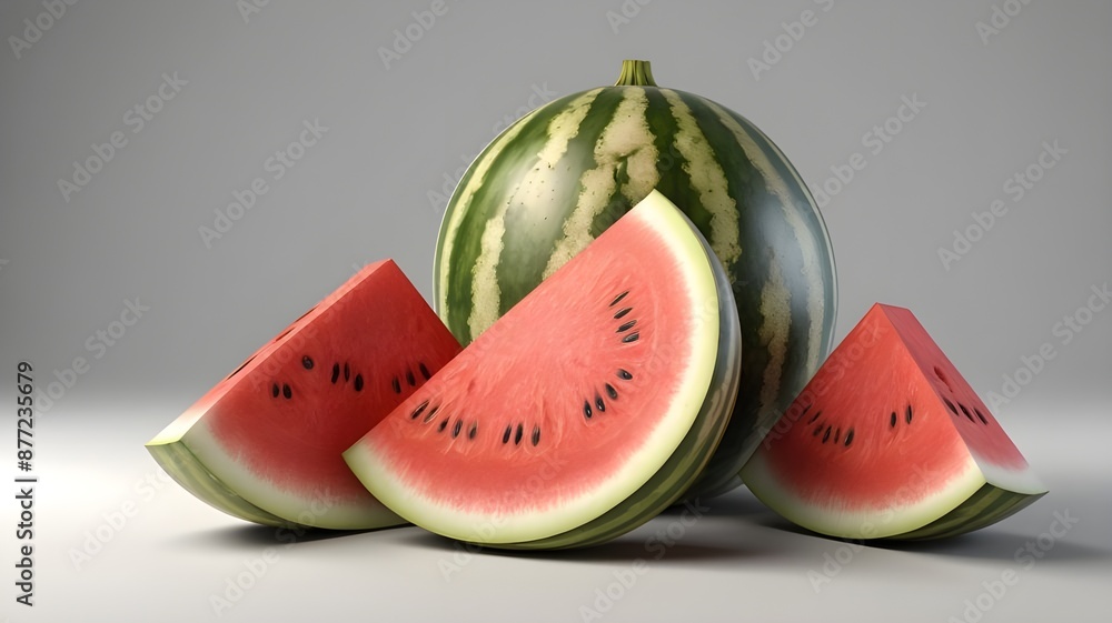Explore a fresh whole watermelon displayed alongside three sliced ...