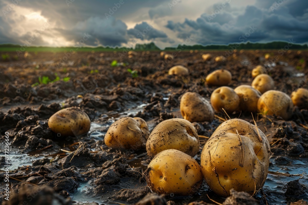 Harvested potatoes on muddy soil after a rain shower in the field, with ...