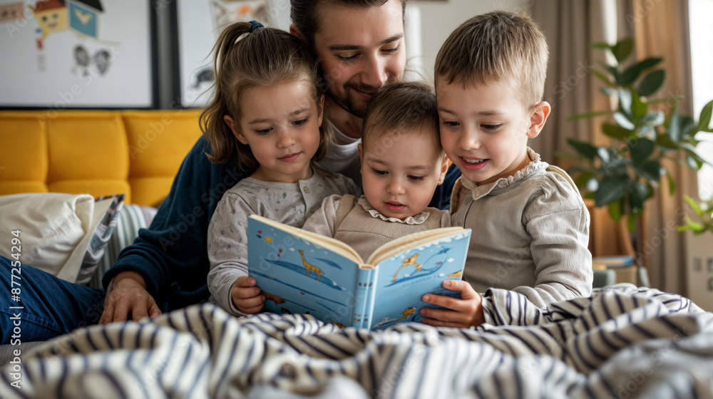 Father reading a storybook to three young children while sitting on a ...
