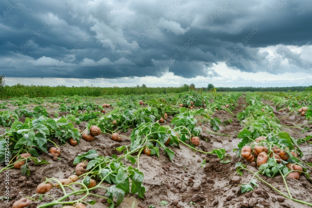 Potato plants fallen, possibly due to severe weather in a muddy field ...