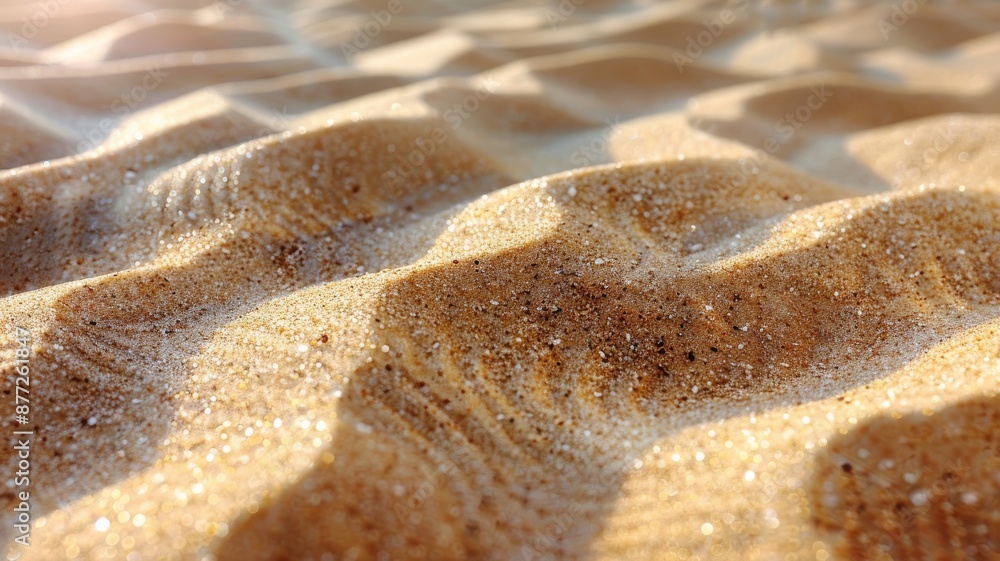 Fine beach sand texture, close-up with natural light casting shadows on ...
