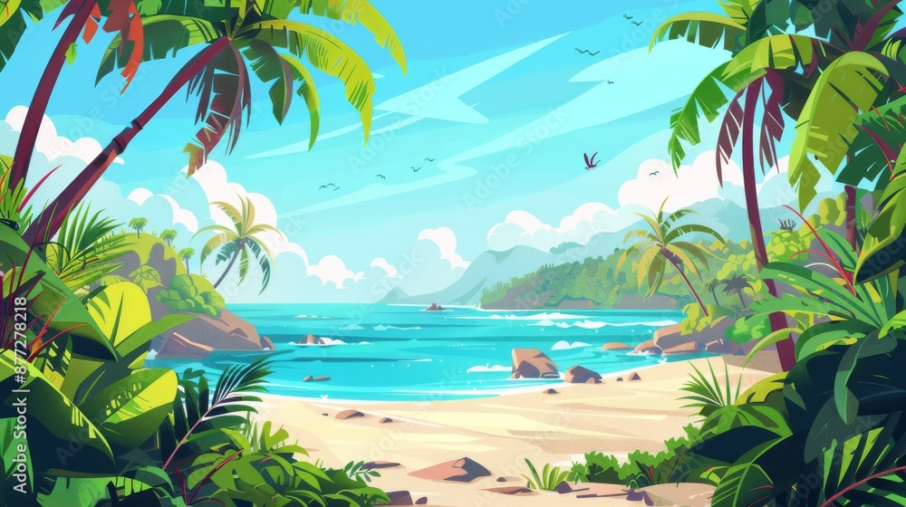 Cartoon illustration of an exotic island with a shoreline on the ocean ...