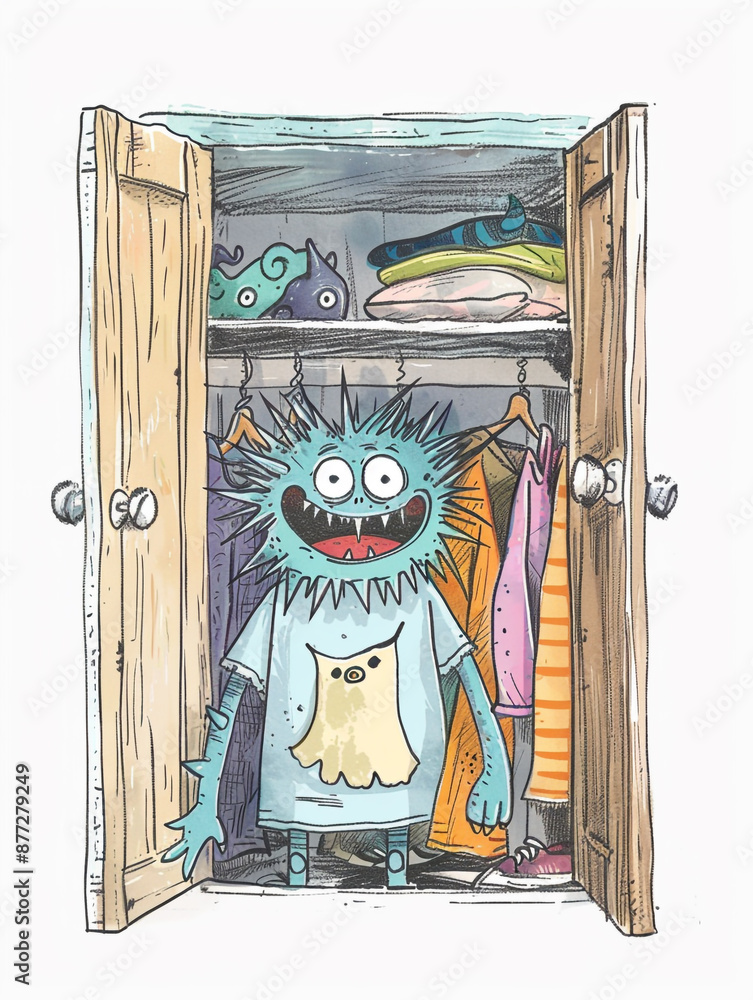 Cartoon style children's drawing showing monster in the closet. The ...