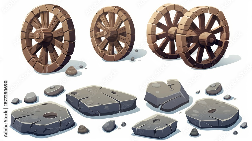 Cartoon car tire cartoon set of old and ancient wooden wheelbarrows ...