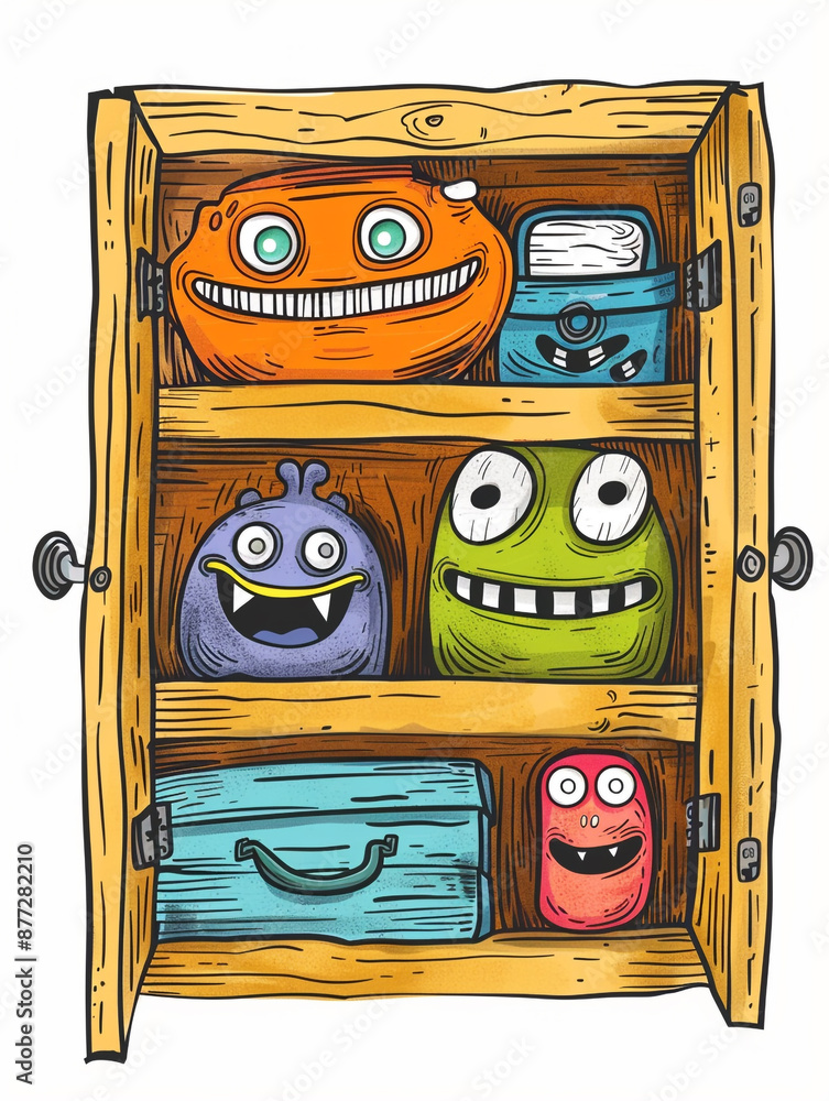 Cartoon style children's drawing showing monster in the closet. The ...
