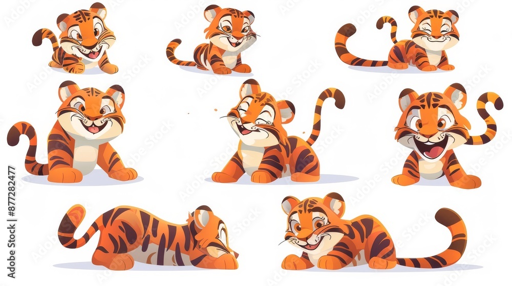 Wild animal character, tiger, playing, thinking, walking, and greeting ...