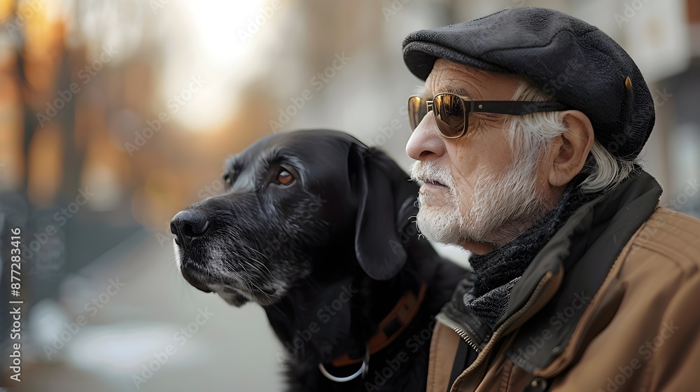 A blind old man in black glasses with his guide dog sitting on a park ...