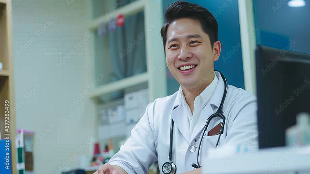 A handsome 30-year-old Korean doctor, a smile, a stethoscope, sitting ...