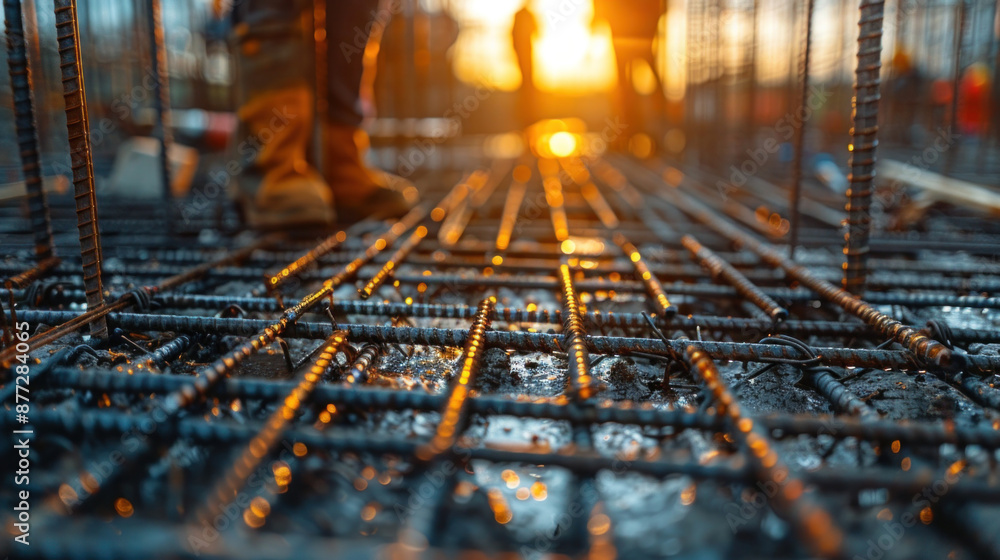 Close up of steel reinforcement bar, Construction workers fabricating ...