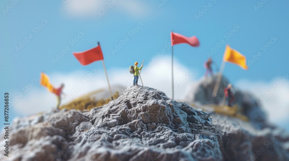 Tiny figures placing flags on a miniature mountain, with a copy space ...