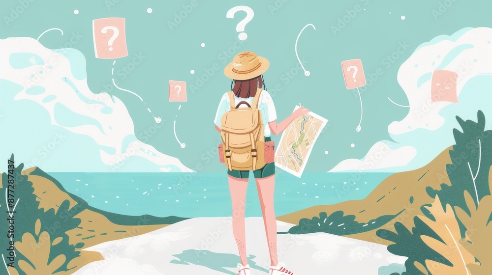 This cartoon illustration depicts a lost tourist traveling. She is ...