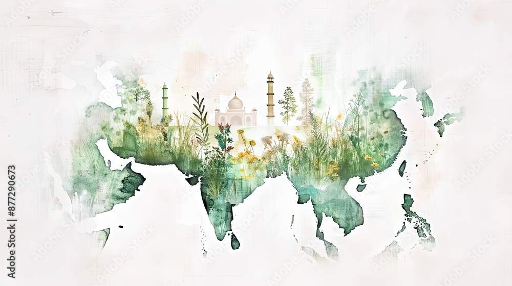 Watercolor Painting of India Map With Taj Mahal For Indian Independence ...