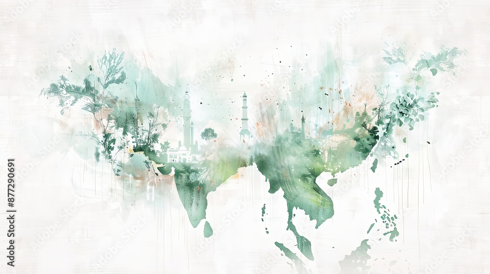 Abstract Watercolor Painting of India Map with Architectural Landmarks ...