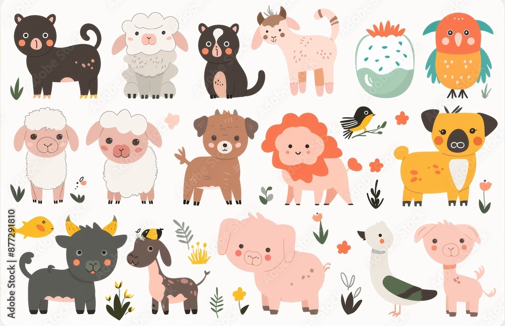 Cartoon illustration of sick animals. Sad bandaged cow, goatling, hen ...