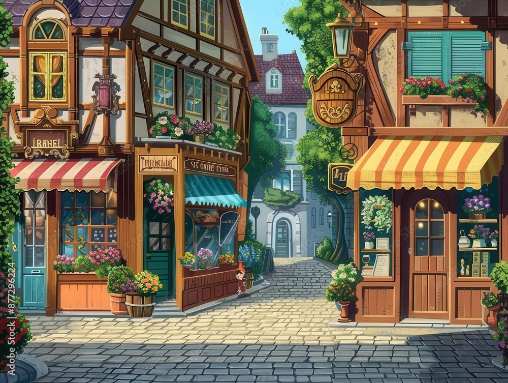 charming illustrated streetscape quaint shops with ornate facades ...