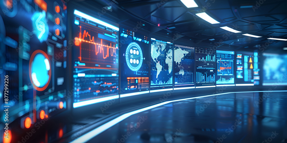 Futuristic Control Room with Dynamic Holographic Displays Showcasing ...