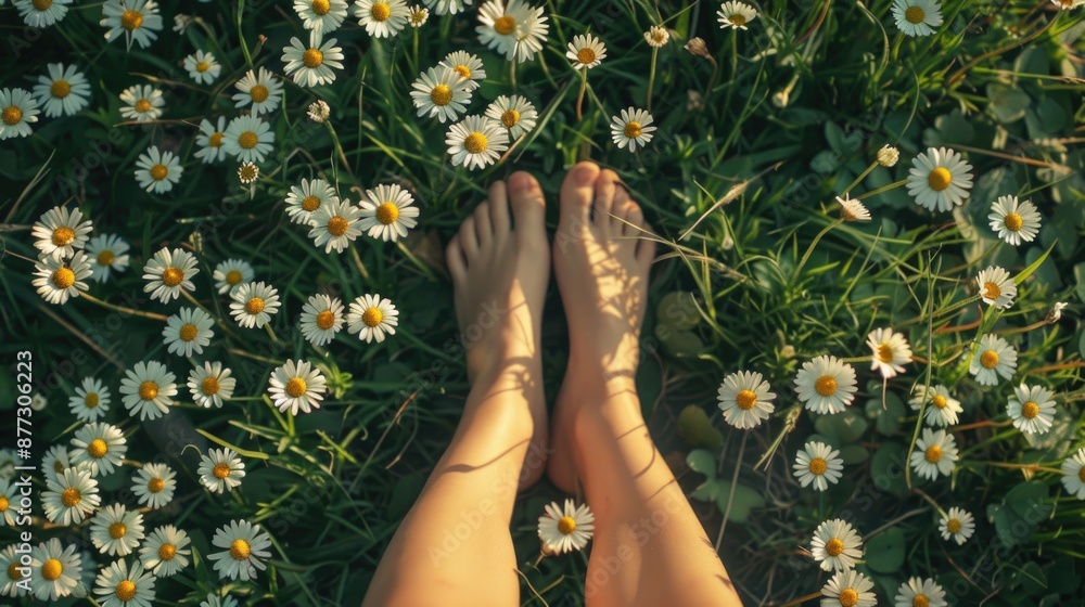 Beautiful female feet in daisy field, spring nature background Stock ...