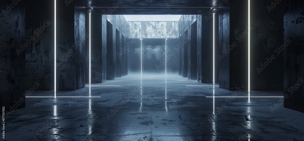 An elegant empty dark reflective big hall scene with alien ships ...