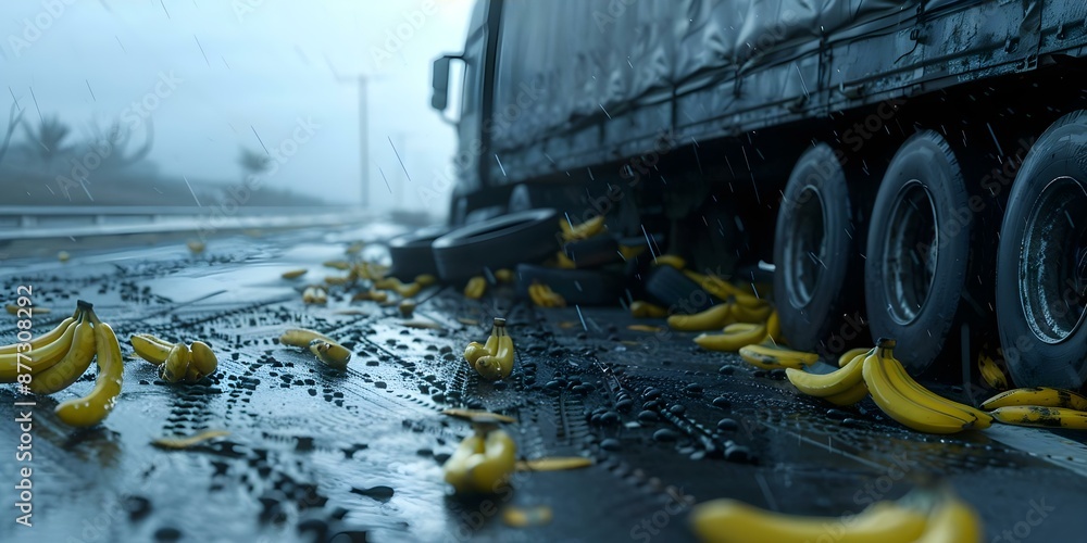 an overturned truck on the road with bananas scattered on it. Concept ...