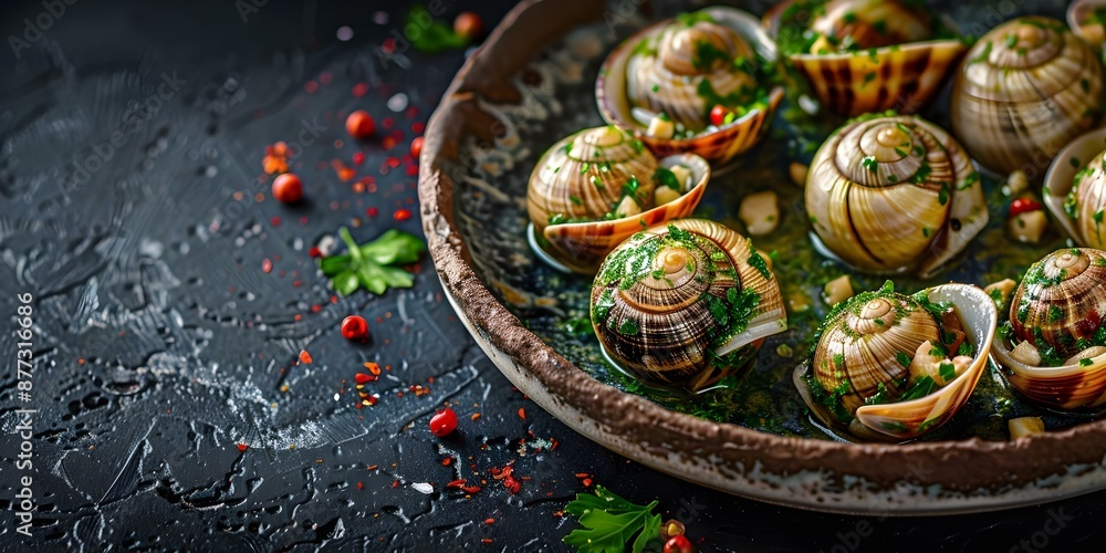 Traditional French dish of snails in shells with garlic parsley butter ...