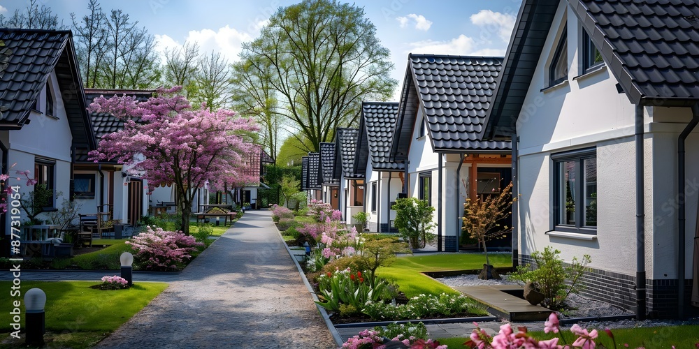 Row of Single-Story Houses with Gardens, Highlighted by a Judas Tree ...