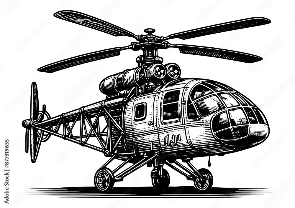 vintage-style illustration of a classic helicopter, rendered in black ...