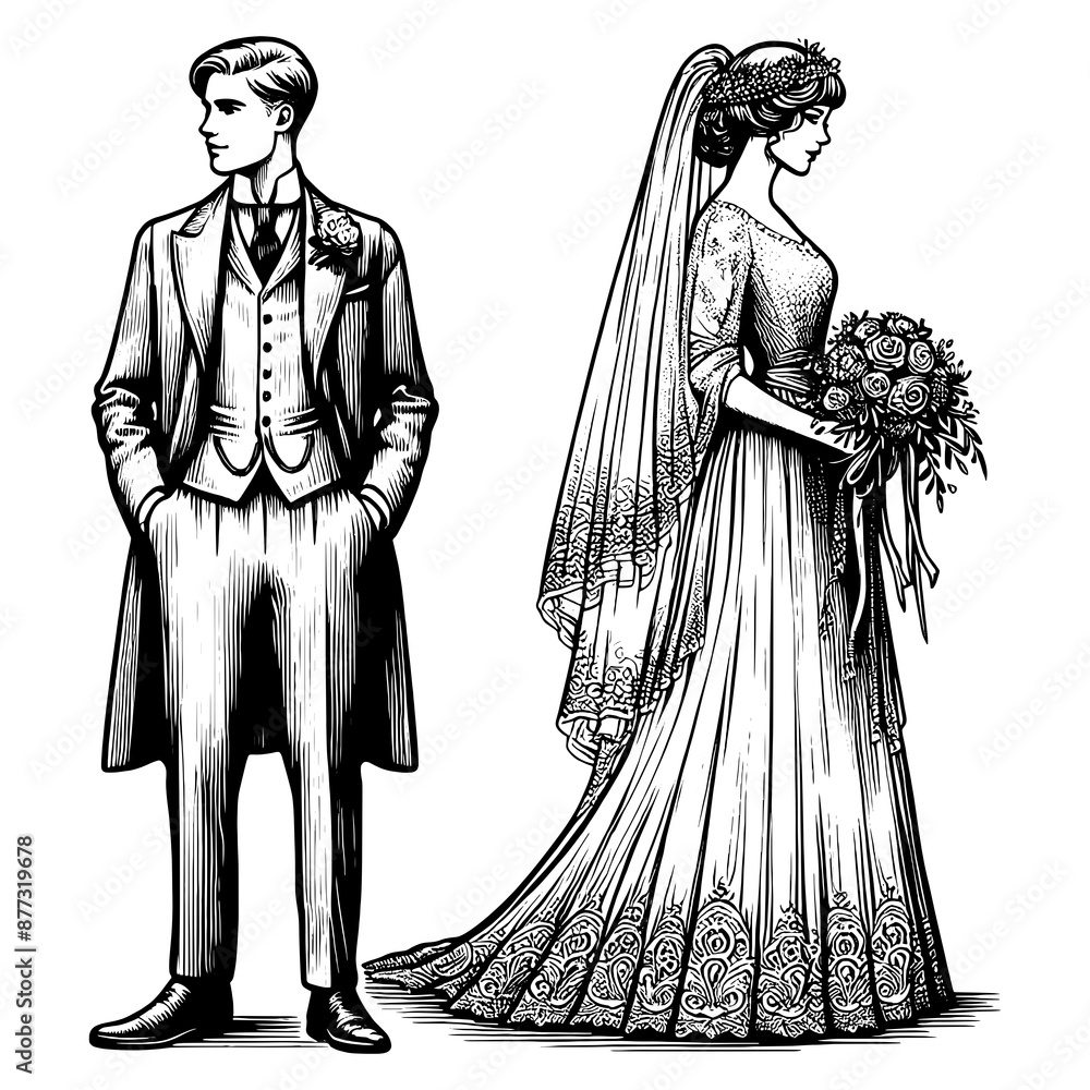 vintage bride and groom in traditional wedding attire, classic elegance ...
