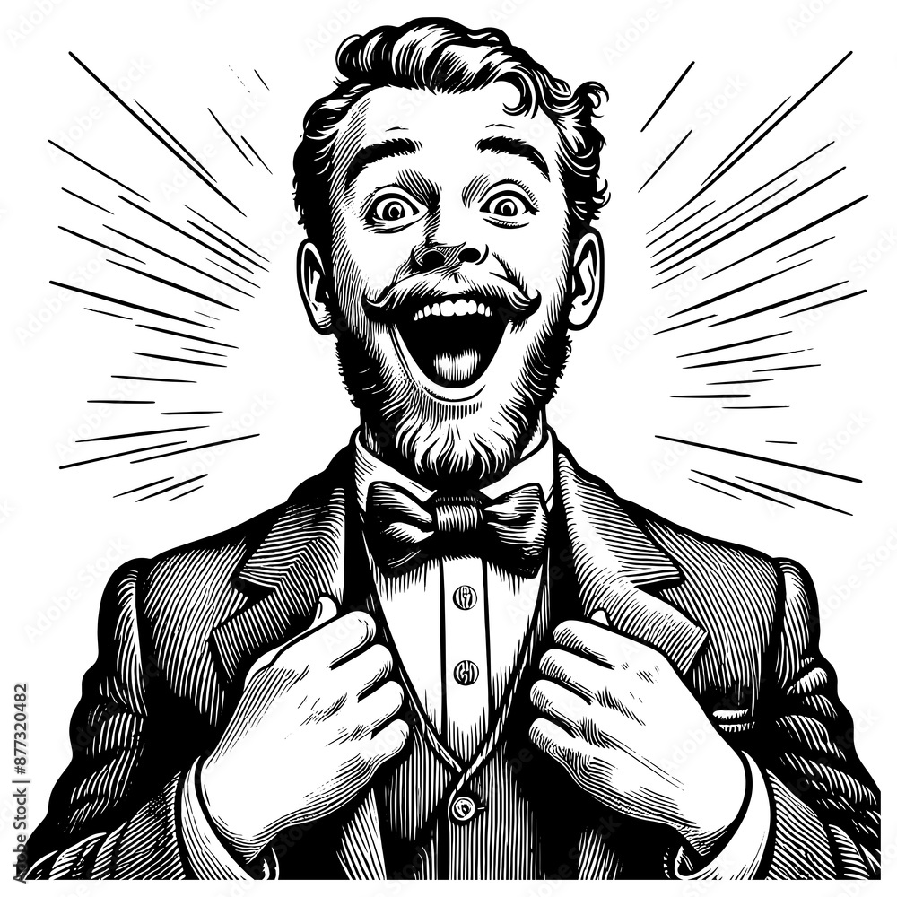 excited retro man with a bow tie, a jubilant expression and vintage ...