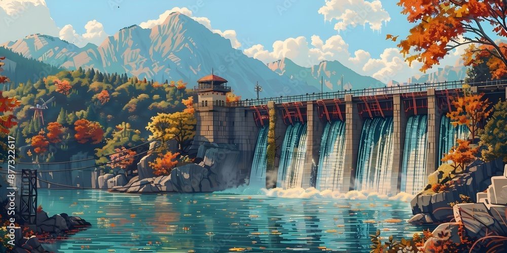 Pixel art of a hydropower dam with retro charm and detailed scenery ...