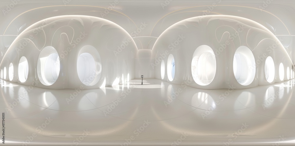 A 360 panorama showing a spherical view of a futuristic white hallway ...