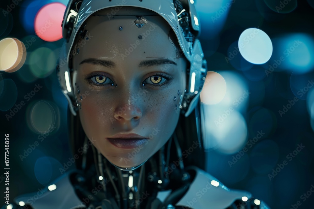 The image shows a female android face on a dark background. The image ...