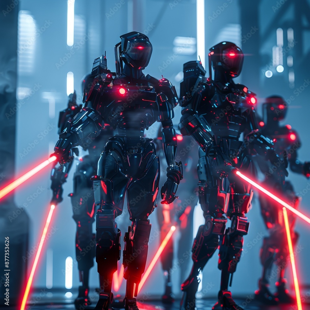 Science fiction illustration of three military robots advancing through ...