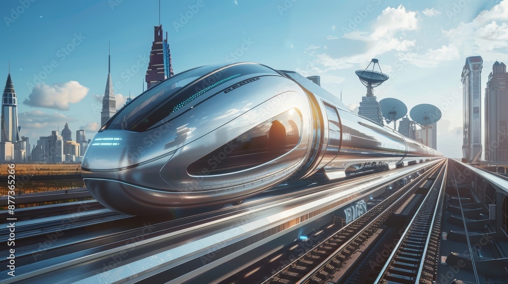 The futuristic sci fi monorail train is depicted against a futuristic ...