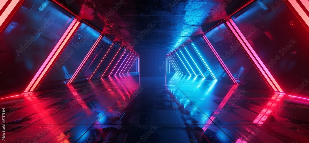 Glowing red and blue neon tubes in an industrial sci-fi alien spaceship ...