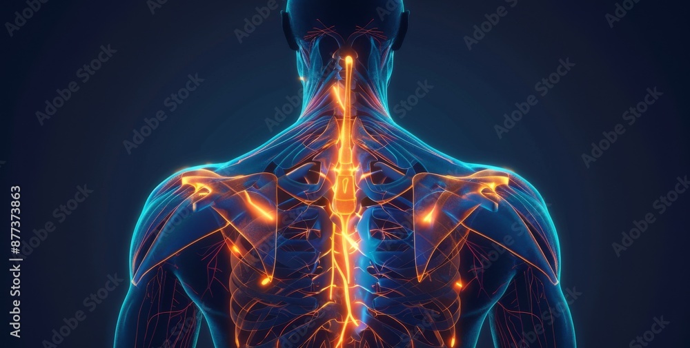 3D illustration of human back anatomy with glowing nerves and muscles ...
