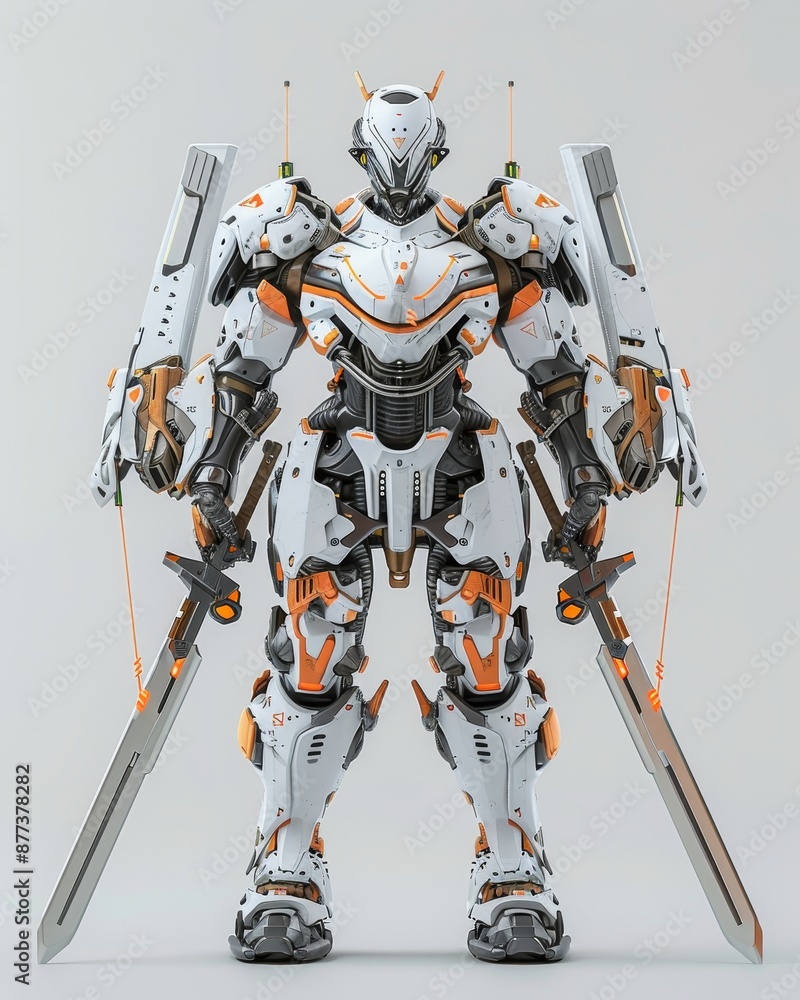 Mech samurai warrior holding two swords. Pair of crossed Japanese ...