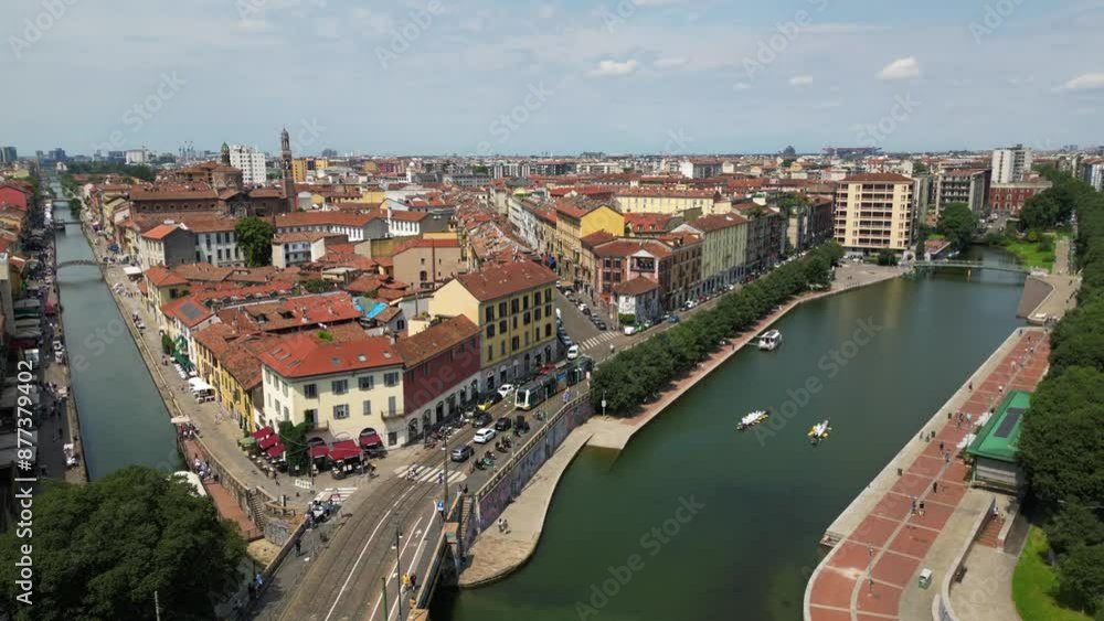 Europe, Italy, Milan drone aerial view of Darsena and Navigli canals ...