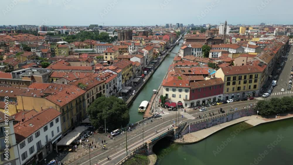 Europe, Italy, Milan drone aerial view of Darsena and Navigli canals ...