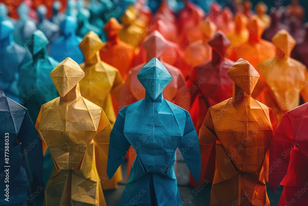 Colorful Origami Paper Figures Standing in Rows Representing Diversity ...