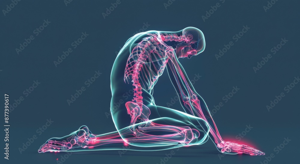 3D rendering of a human body showing skeleton anatomy in a kneeling ...