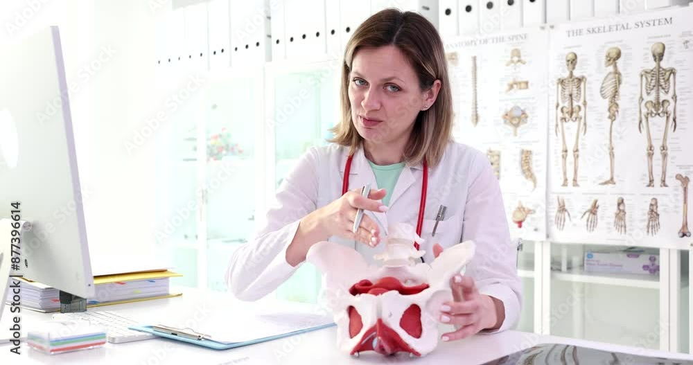 Female medic in lab coat explains structure of pelvic bones. Woman ...
