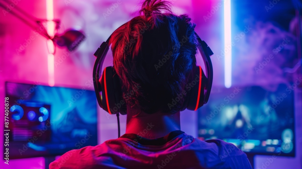 pro gamer man in headphones live streaming while playing online ...