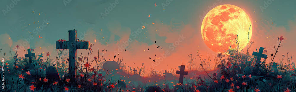 abstract, minimalist depiction of a moonlit graveyard with crosses and ...