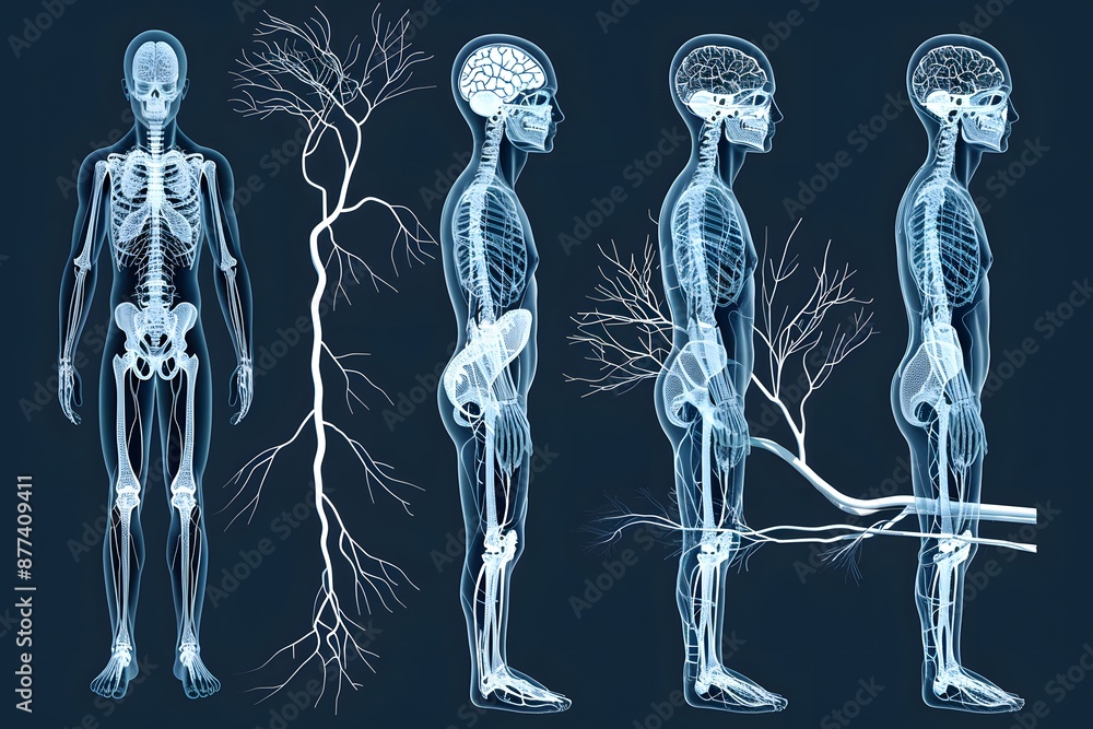 Medical illustration showing the human skeleton and nervous system in ...