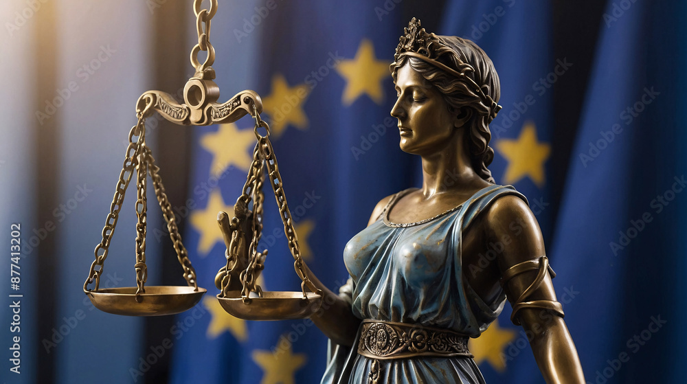 a bronze statue of Lady Justice, depicted with a blindfold over her ...