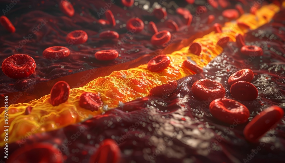 3D model animation of LDL cholesterol impacting arterial walls, empty ...